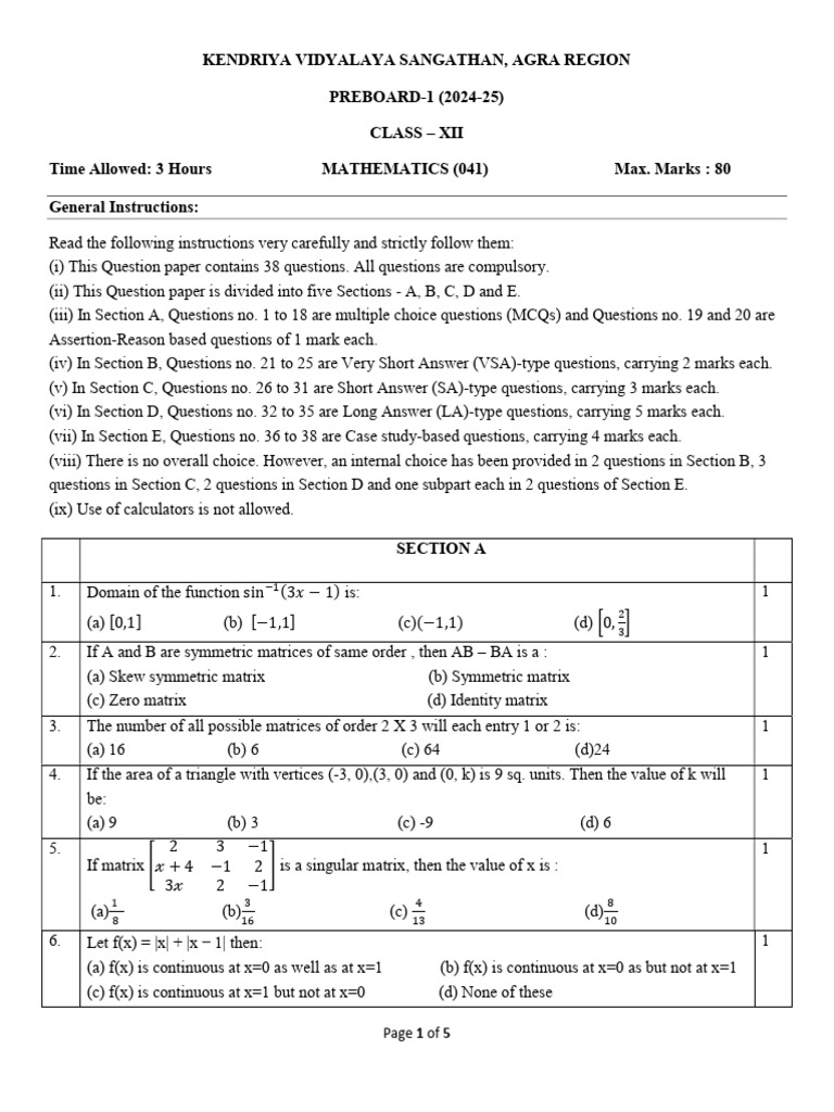 Preboard-1 QP Set-2 | PDF | Matrix (Mathematics) | Mathematical Objects