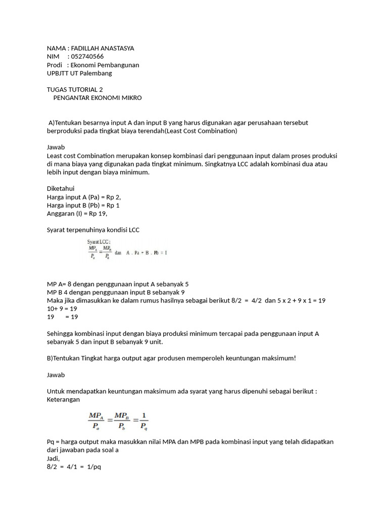 Tugas Tutorial 2 Pengantar Ekonomi Mikro | PDF Tugas Tutorial 2 Pengantar Ekonomi Mikro | PDF