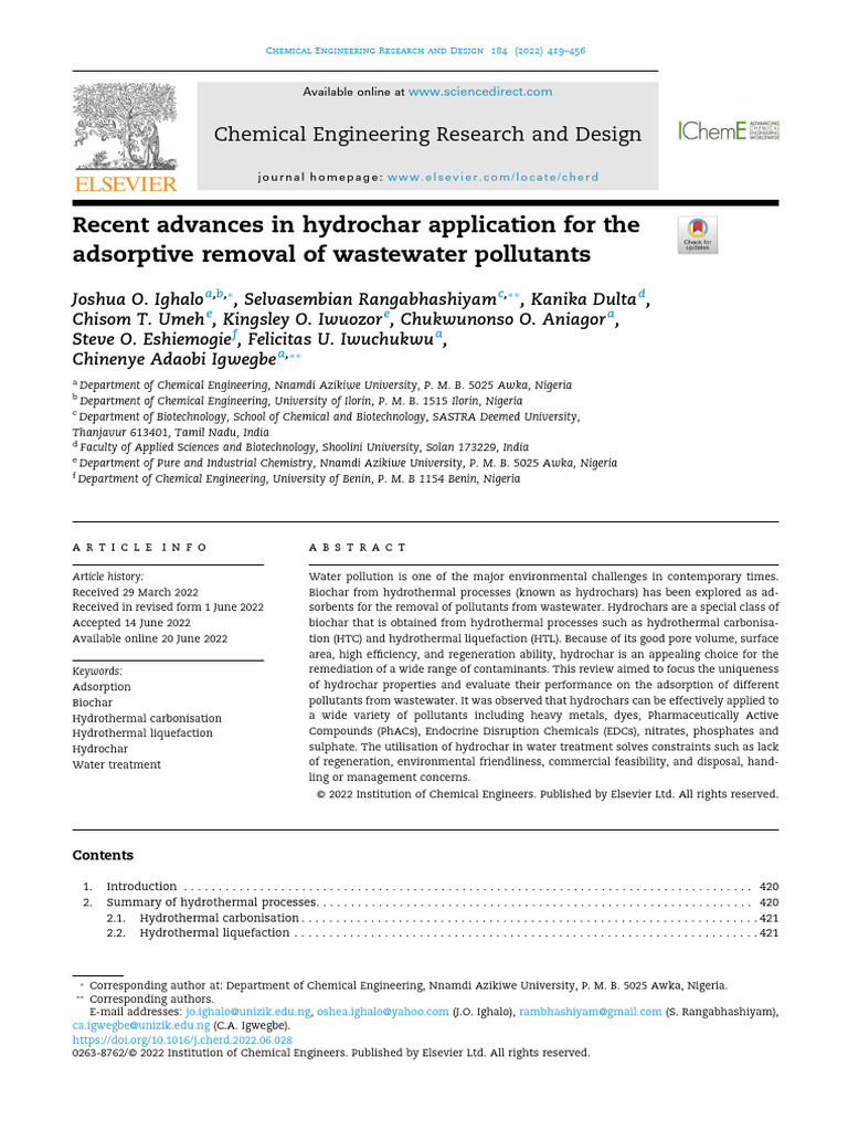 Hydrochar for heavy metals removal | PDF | Chemistry | Materials