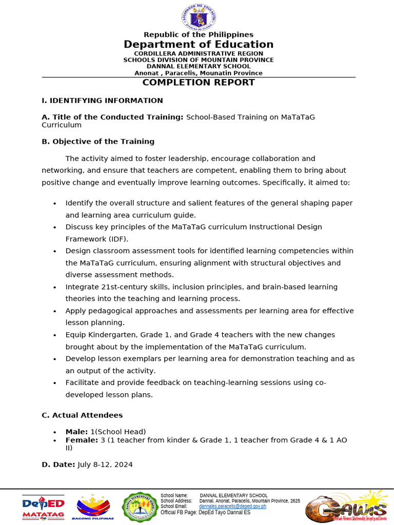 MATATAG Completion Report | PDF | Teachers | Curriculum