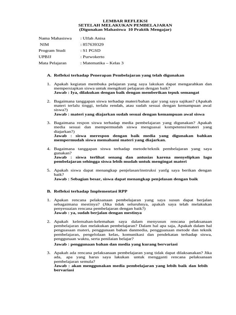 LEMBAR REFLEKSI RPP 11 Dan 12 | PDF