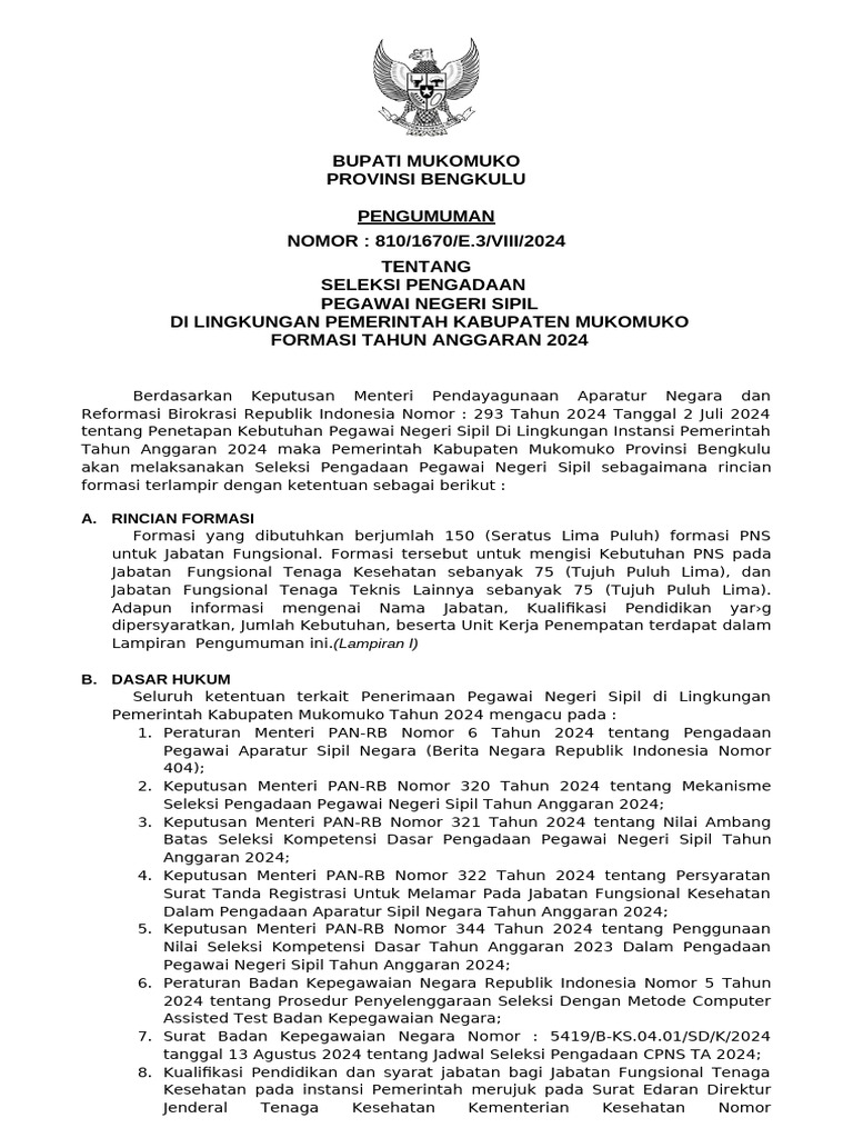 Pengumuman Formasi PNS Tahun 2024 Final | PDF