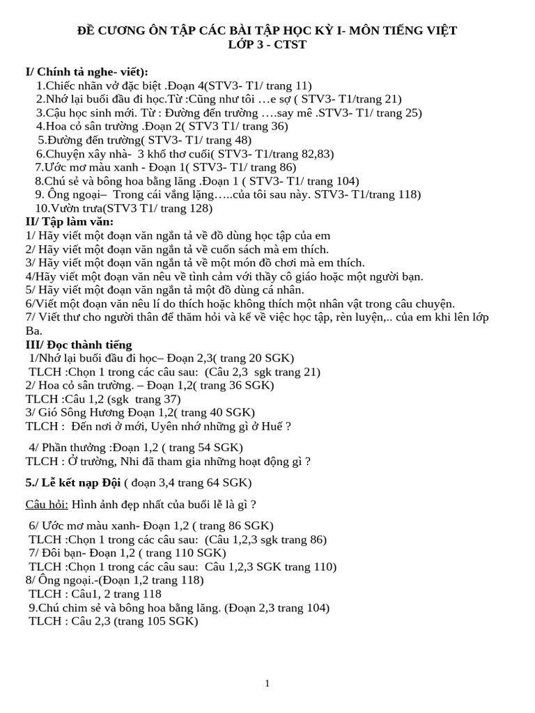 ĐỀ CƯƠNG ÔN TẬP -ĐỀ KT-HK 1-TV3-CTST | PDF