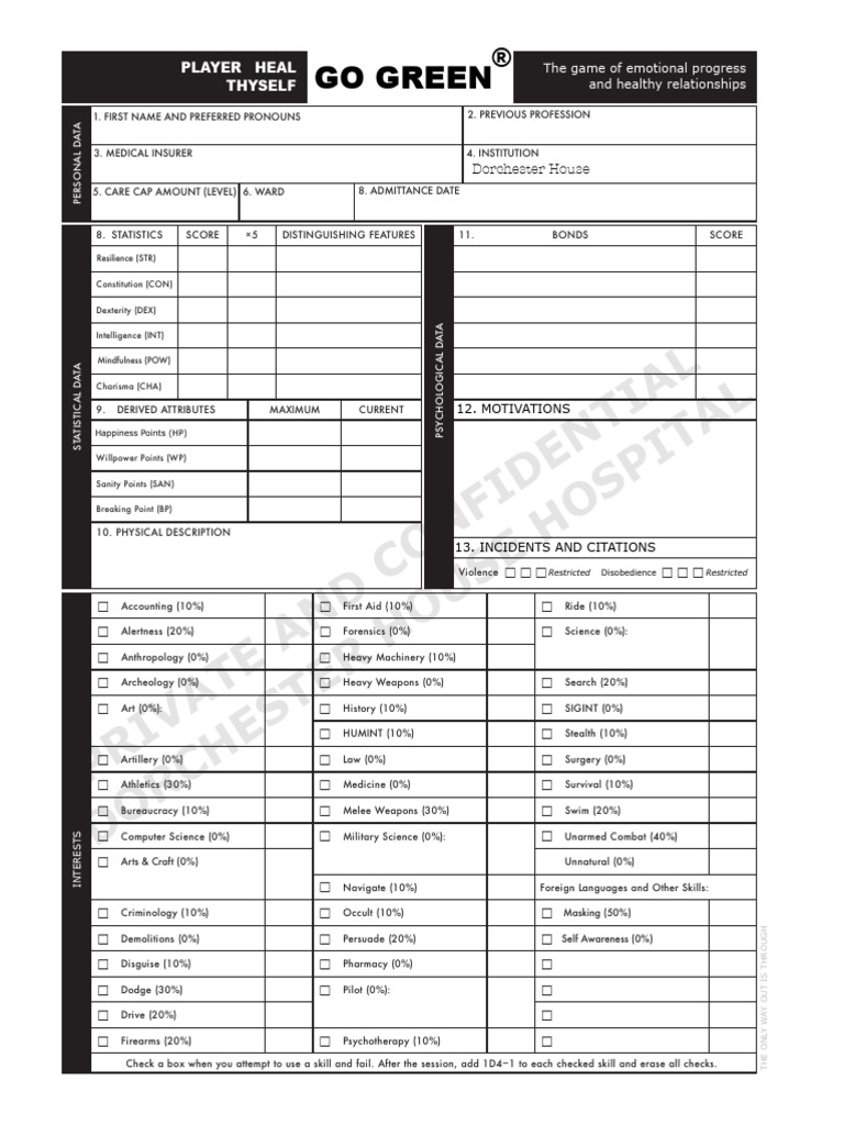 All Green Character Sheet | PDF | Health Care | Medicine
