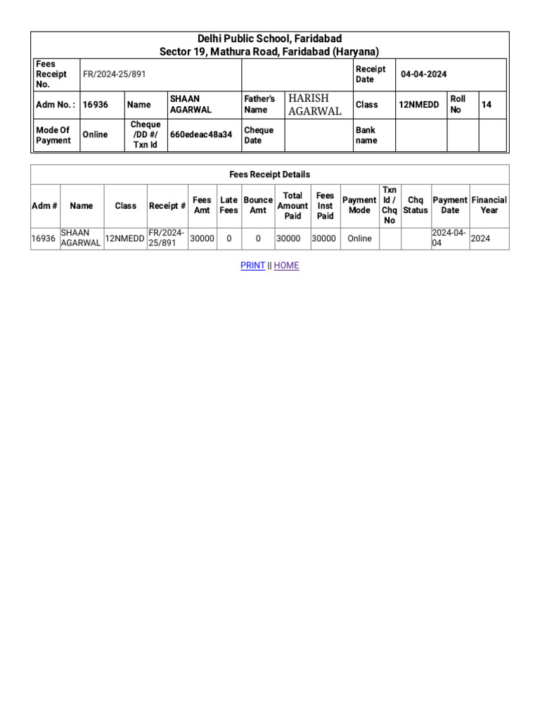 Fees Reciept Generation | PDF