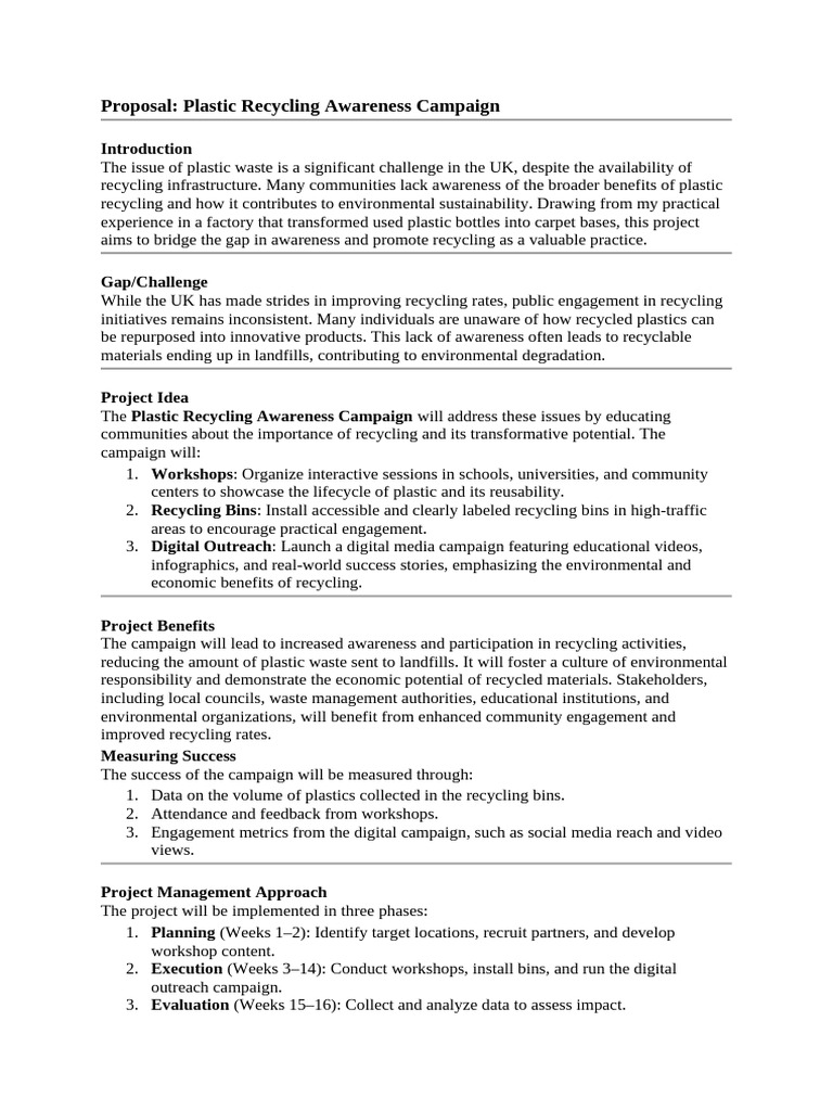 Proposal - Plastic Recycling Awareness Campaign | PDF | Recycling | Waste