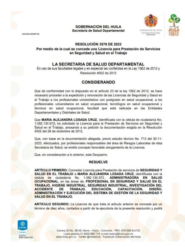 Licencia SST Maria Alejandra Losada Cruz | PDF