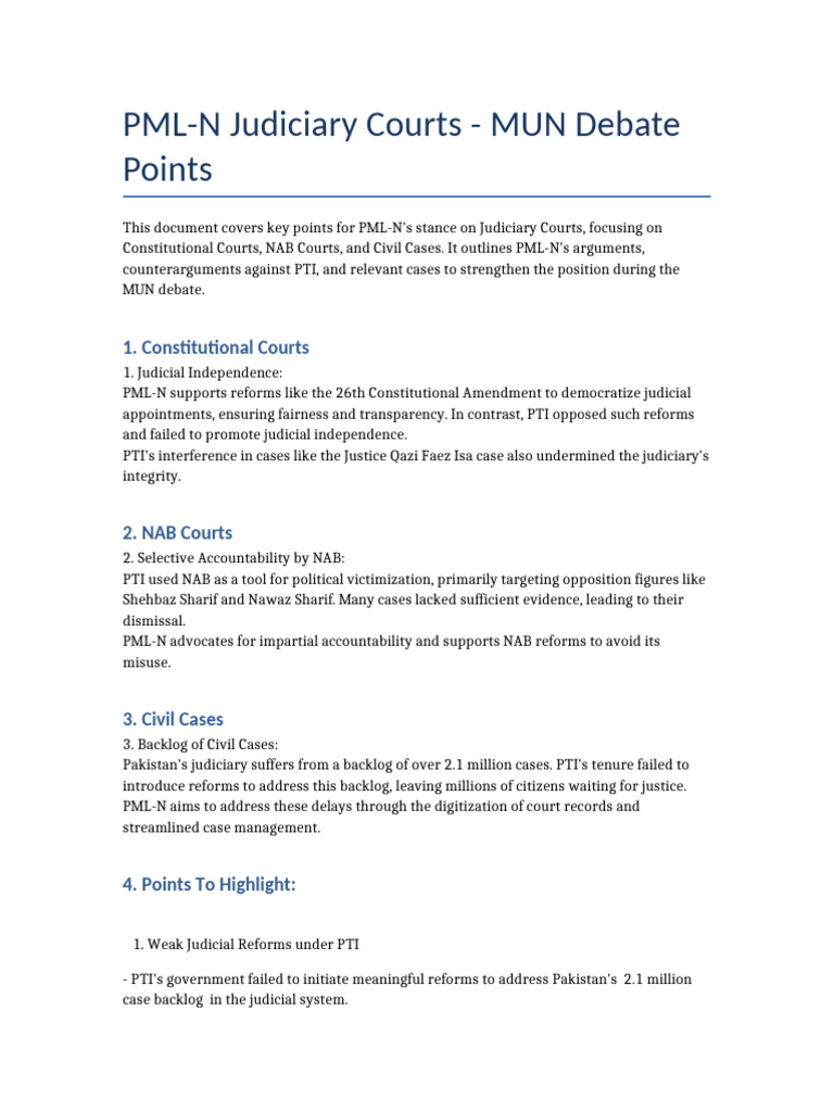 PMLN MUN Judiciary Courts Points | PDF | Accountability | Corruption