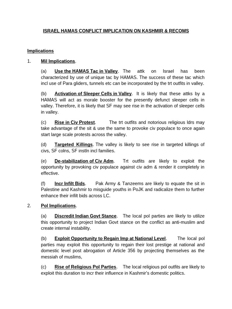 Israel Hamas Conflict Implication & Recoms For Kashmir | PDF | International Relations