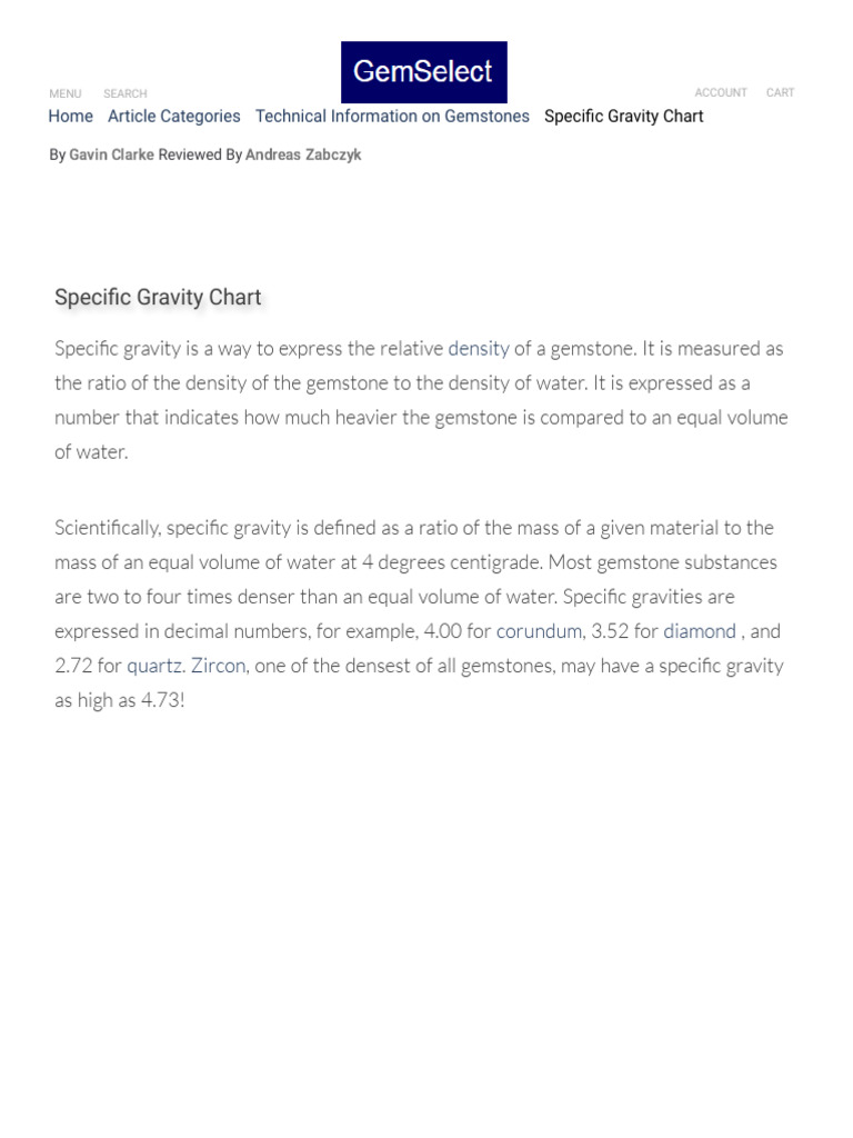 Specific Gravity Chart - Gemstone Information - GemSelect | PDF | Gemstone | Quartz