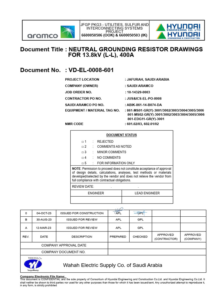 3.1 VD-EL-0008-601 - 0 - NEUTRAL GROUNDING RESISTOR DRAWINGSFOR 13.8kV (L-L), 400A 861-MS01-GR ...