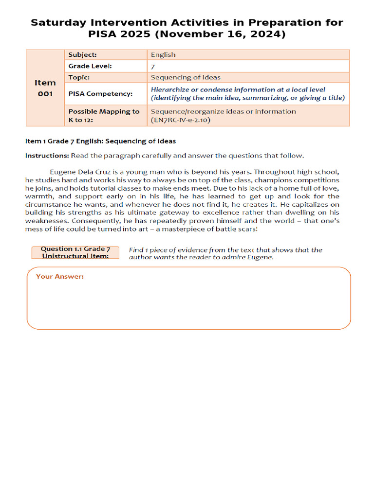 PISA 2025 Saturday Prep Activities | PDF