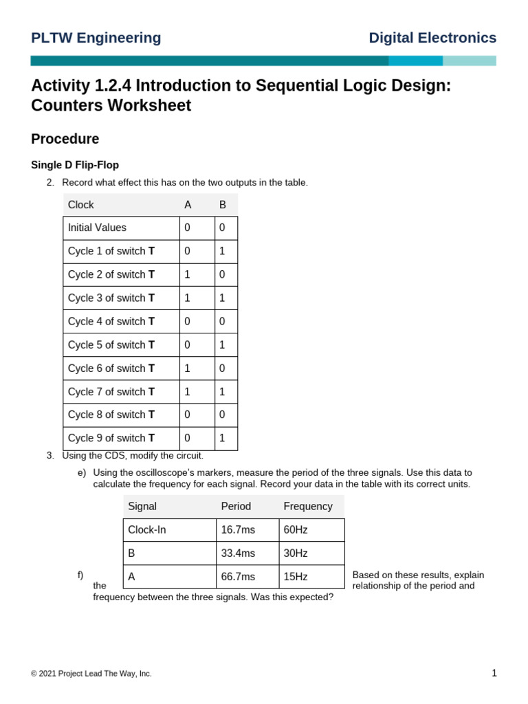 Activity 1.2.4 Introduction To Sequential Logic Design: Counters Worksheet | PDF