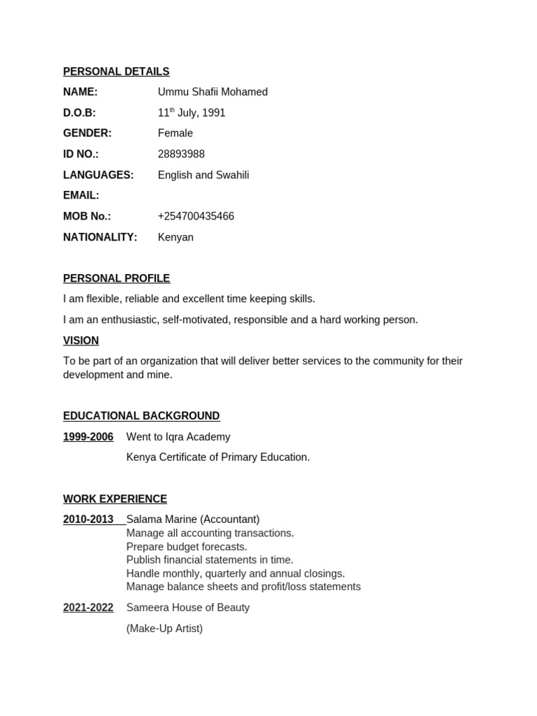 PERSONAL DETAILS CV | PDF