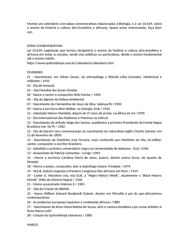 Calendário de Datas Comemorativas em Biologia | PDF