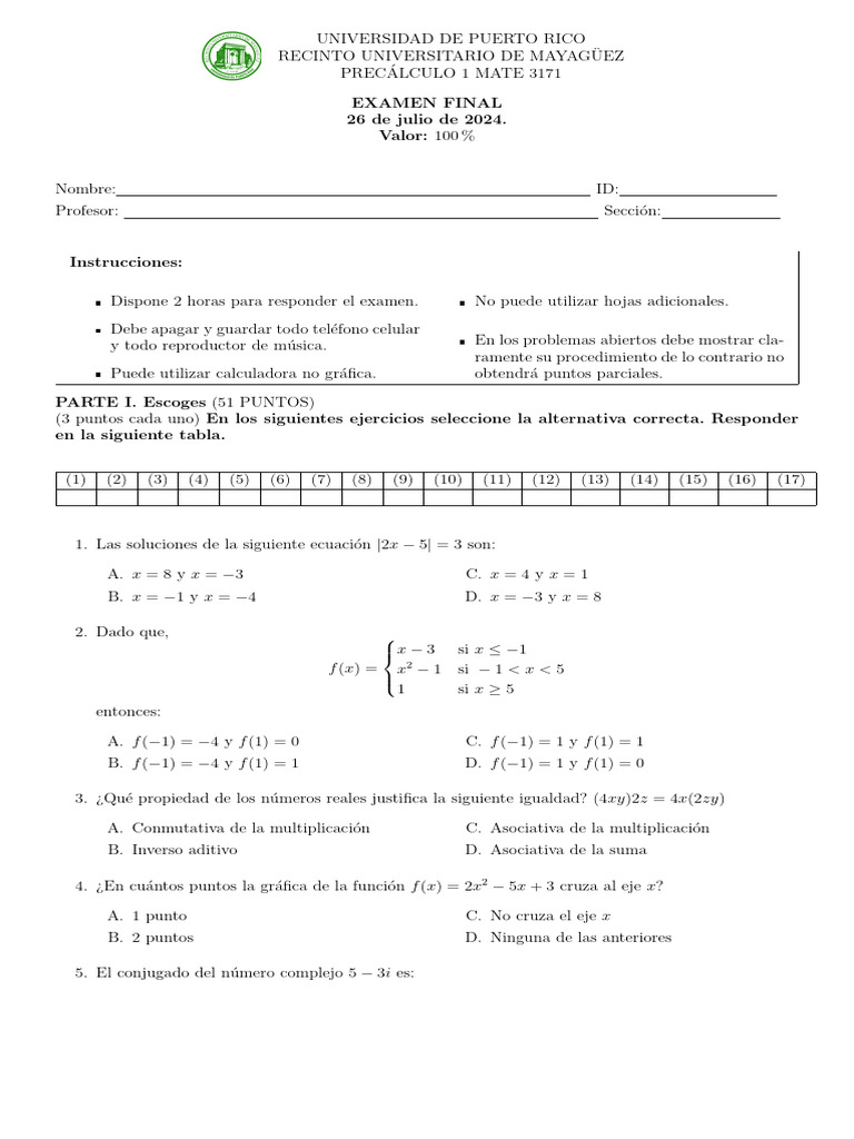 Precalculus 1 - (Practice) Final Exam V1 UPRM | PDF | Matemáticas