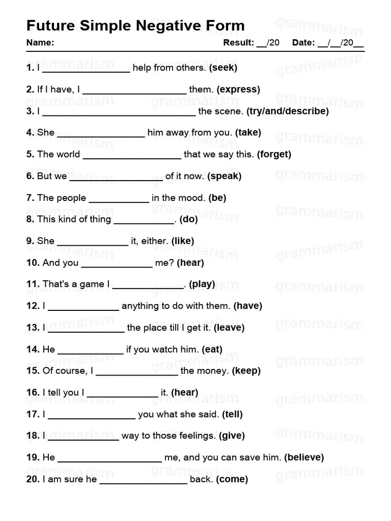 Grammarism Future Simple Negative Test 4 1329948 | PDF