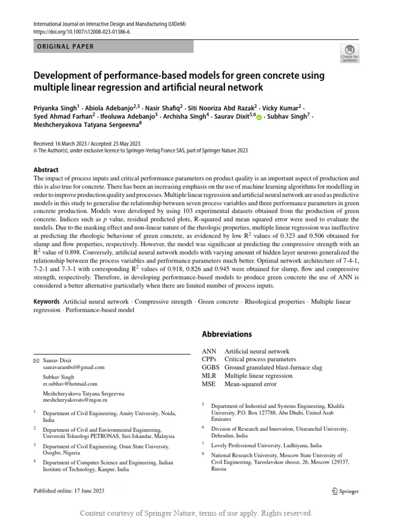Development Of Performance Based Models For Green Concrete Using Multiple Linear Regression And