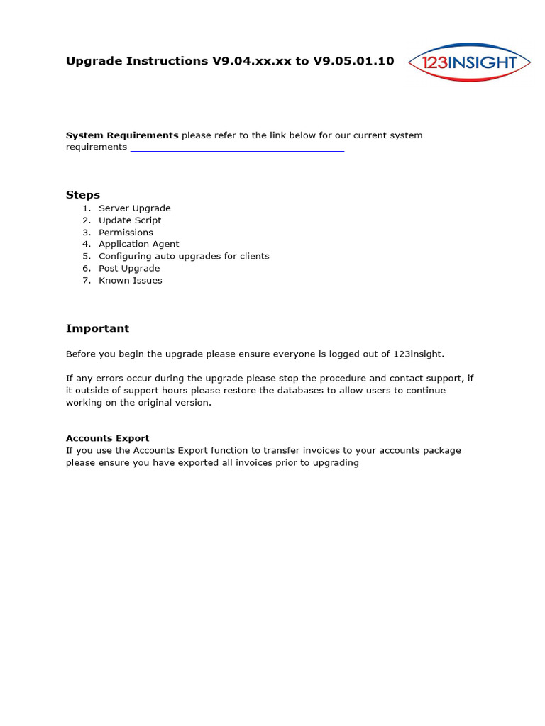 123 Insight Upgrade Guide V9.04 to V9.05 | PDF | Computer File | Databases