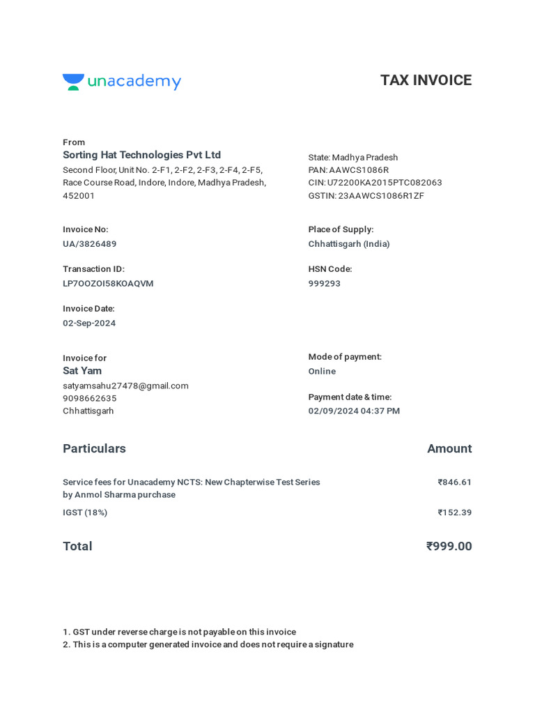 Tax Invoice for Unacademy Services | PDF