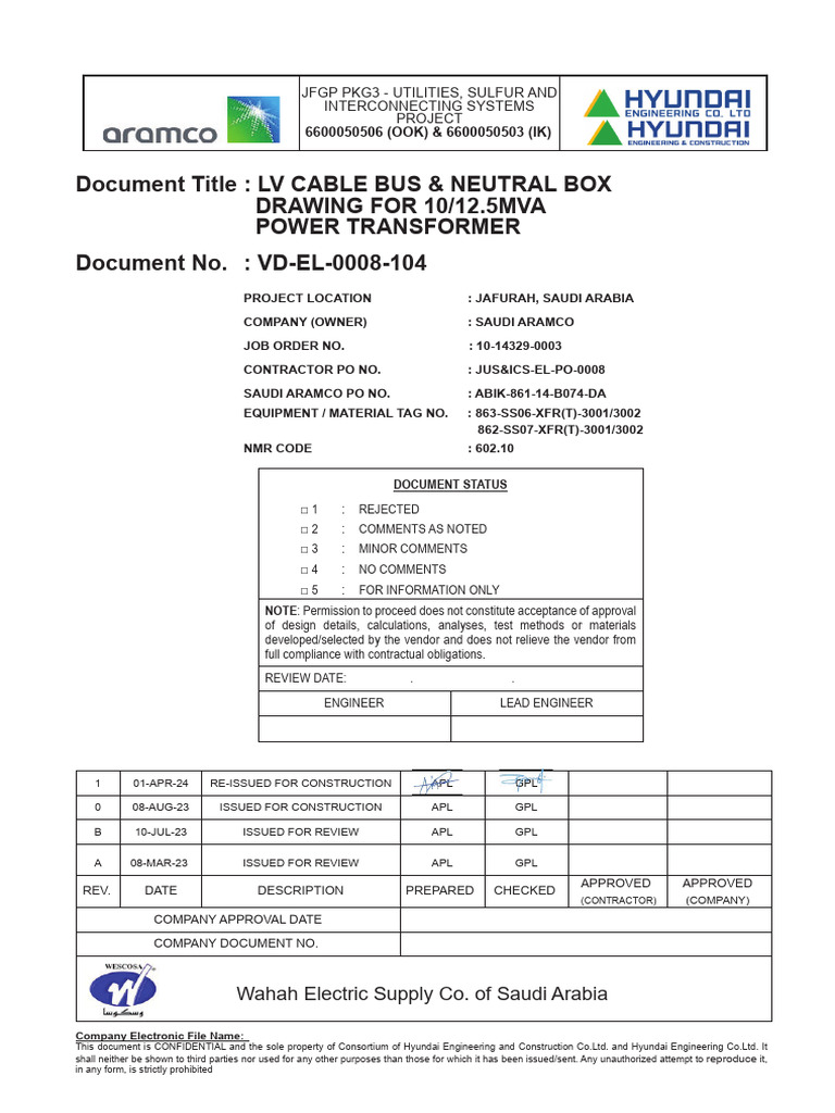 Vd-El-0008-104 - 1 - LV Cable Bus & Neutral Box Drawing For 1012.5mva ...