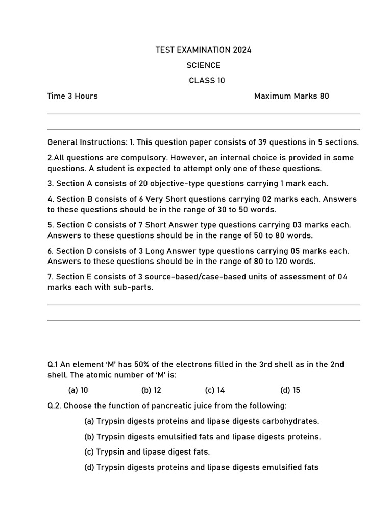 Class 10 Science Question Paper | PDF | Neuron | Synapse