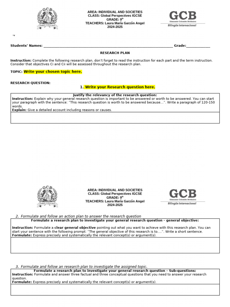 Research Plan Template - 9th - Team Project | PDF | Question | Science