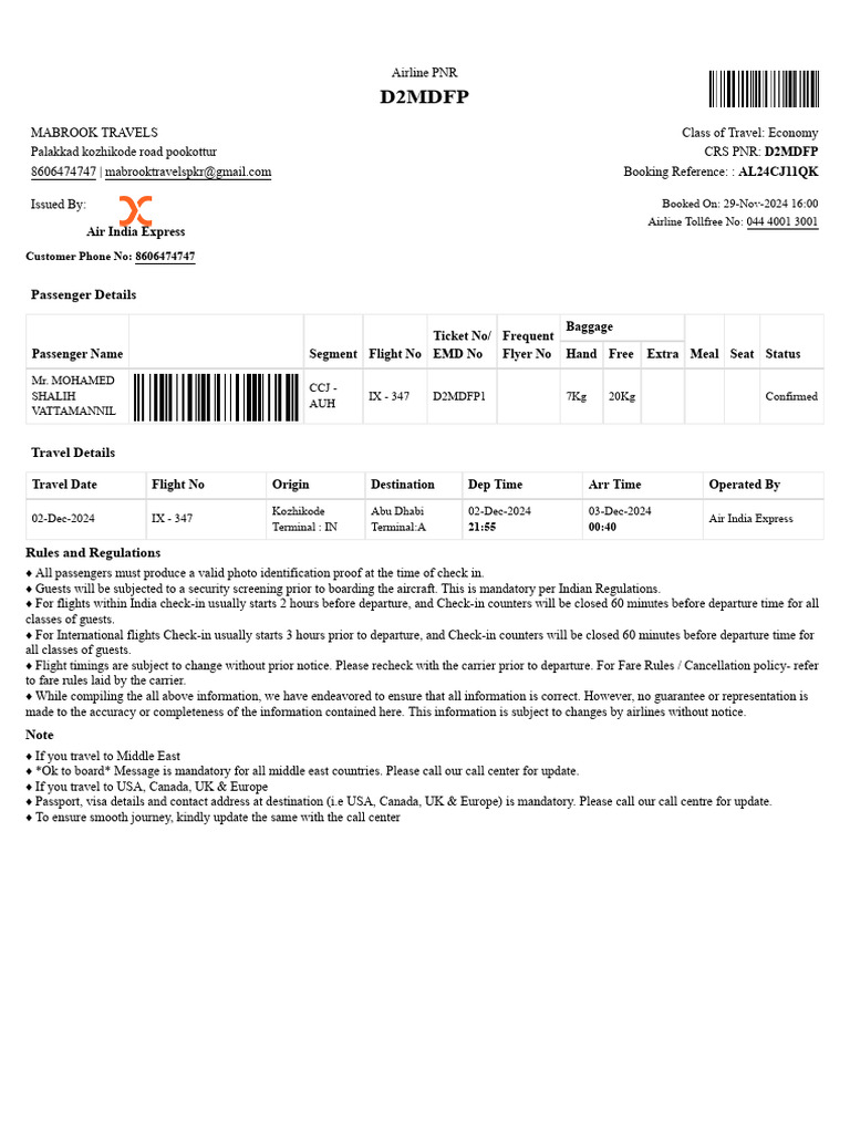 Air India Express Flight Booking Details | PDF | Aviation | Transport