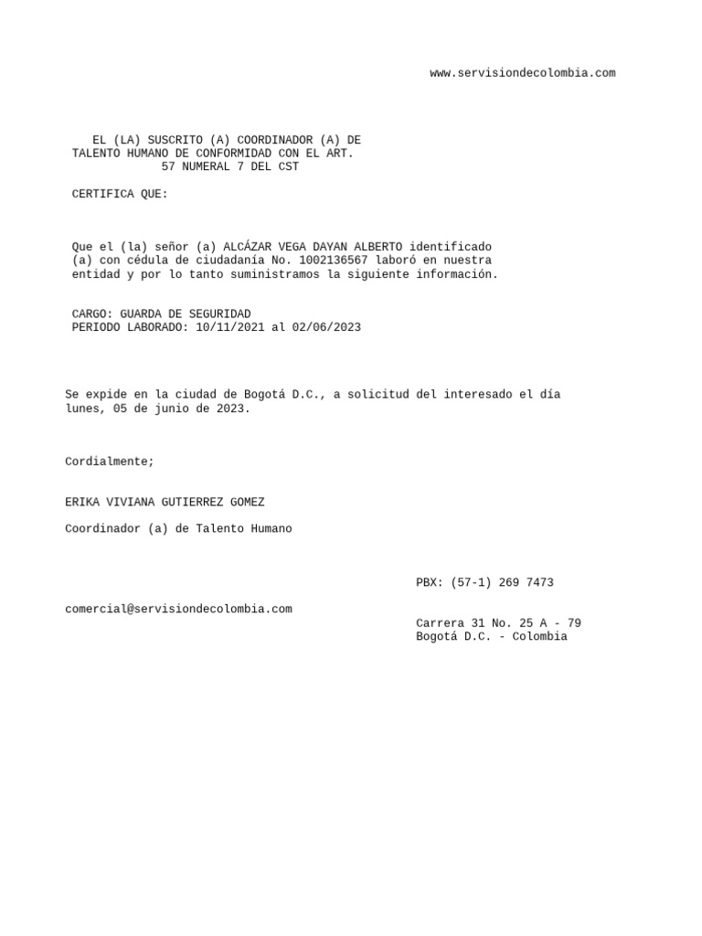 Certificados Laborales Servision Dayan | PDF