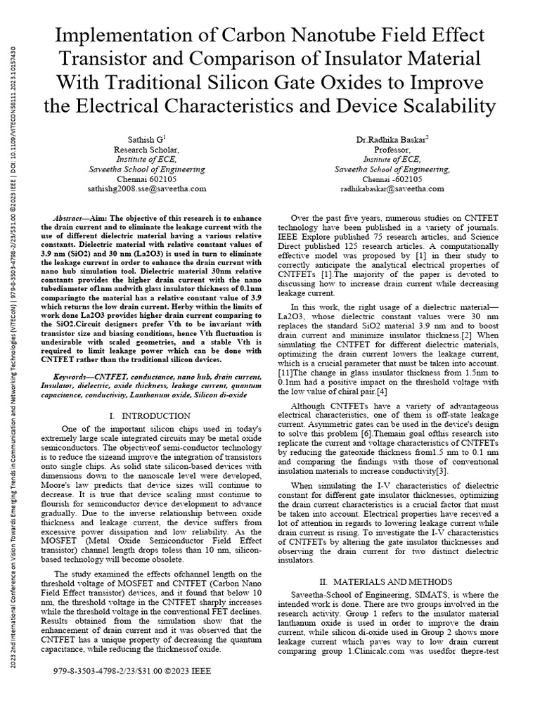 Implementation of Carbon Nanotube Field Effect Transistor and Comparison of Insu | PDF | Field ...