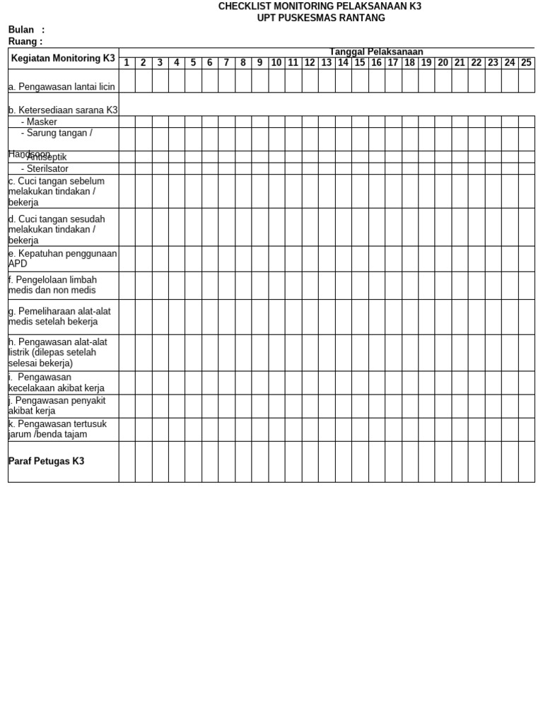 Checklist Monitoring K3 Puskesmas Rantang | PDF