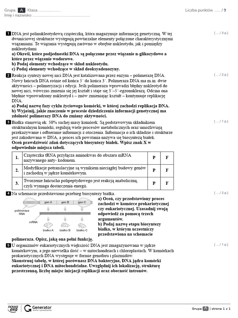 Test Genetyka Molekularna Test Z WidocznÄ PunktacjÄ | PDF