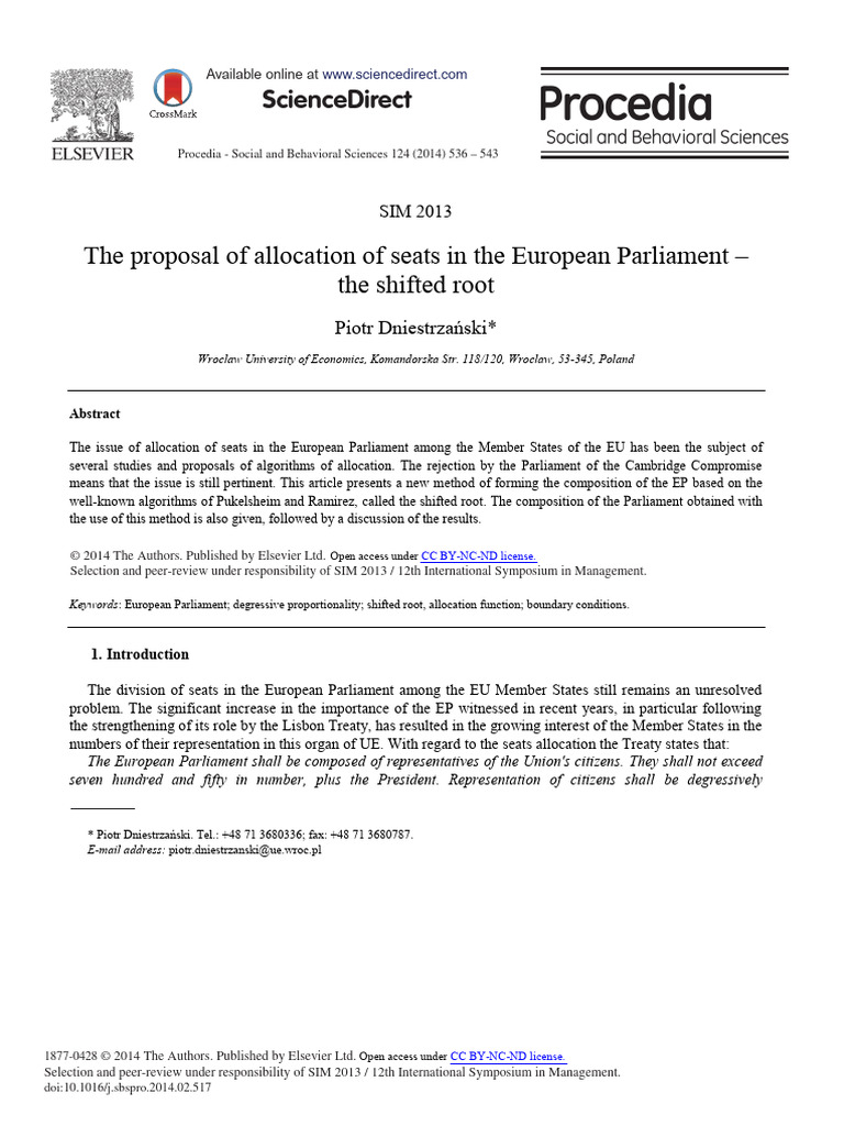 The Proposal of Allocation of Seats in The Euro - 2014 - Procedia - Social and B | PDF ...