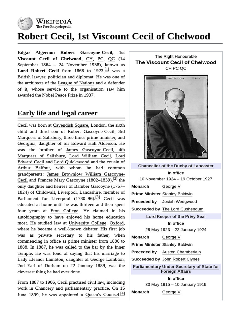 Robert Cecil: British Politician & Nobel Laureate | PDF | H. H. Asquith ...