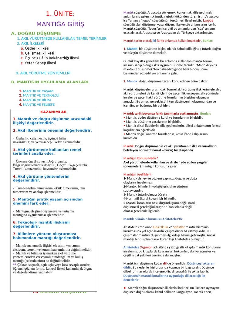 Mantik 1. Üni̇te Ders Notlari | PDF