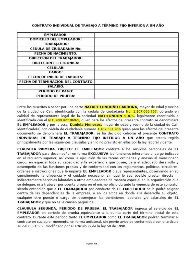 Modelo Contrato A Termino Fijo | PDF | Derecho laboral | Salario
