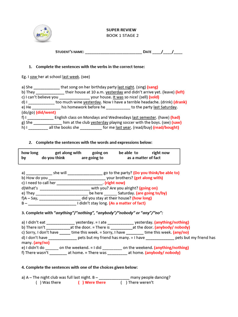 Super Review Book 1 Stage 2 Answer Key | PDF | Linguistics | Grammar