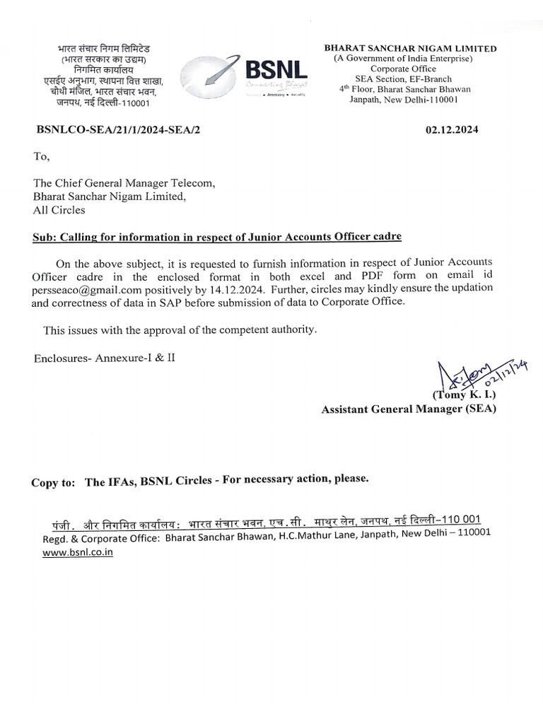 Letter Dated 02.12.2024 To Circles Calling For Information in Respect ...