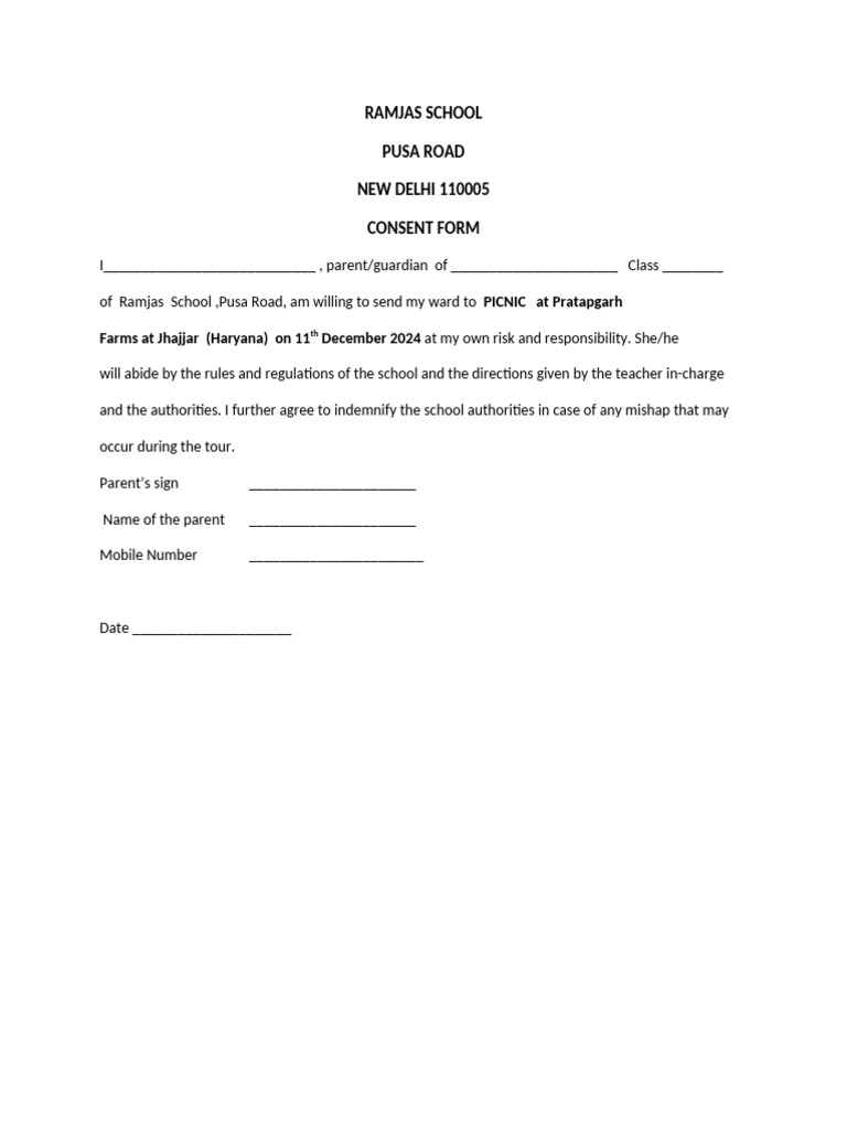 X and XII Class Picnic Consent Form | PDF