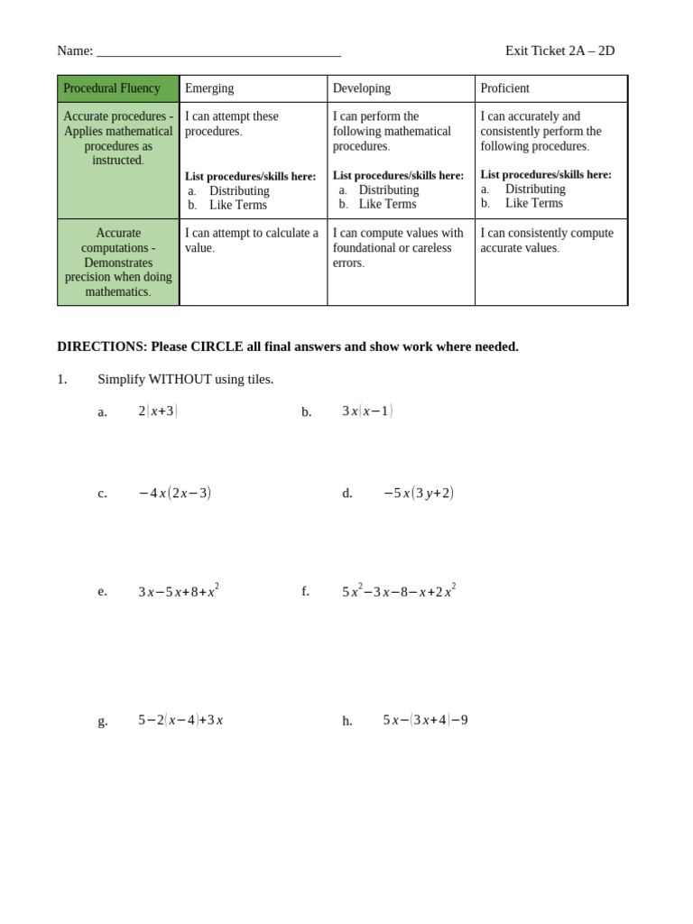 Exit Ticket (2A-2D) | PDF