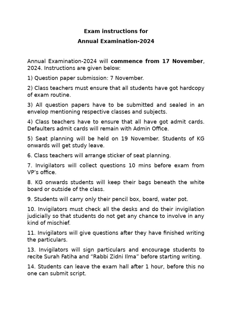 Exam Instructions For Annual-2024 | PDF