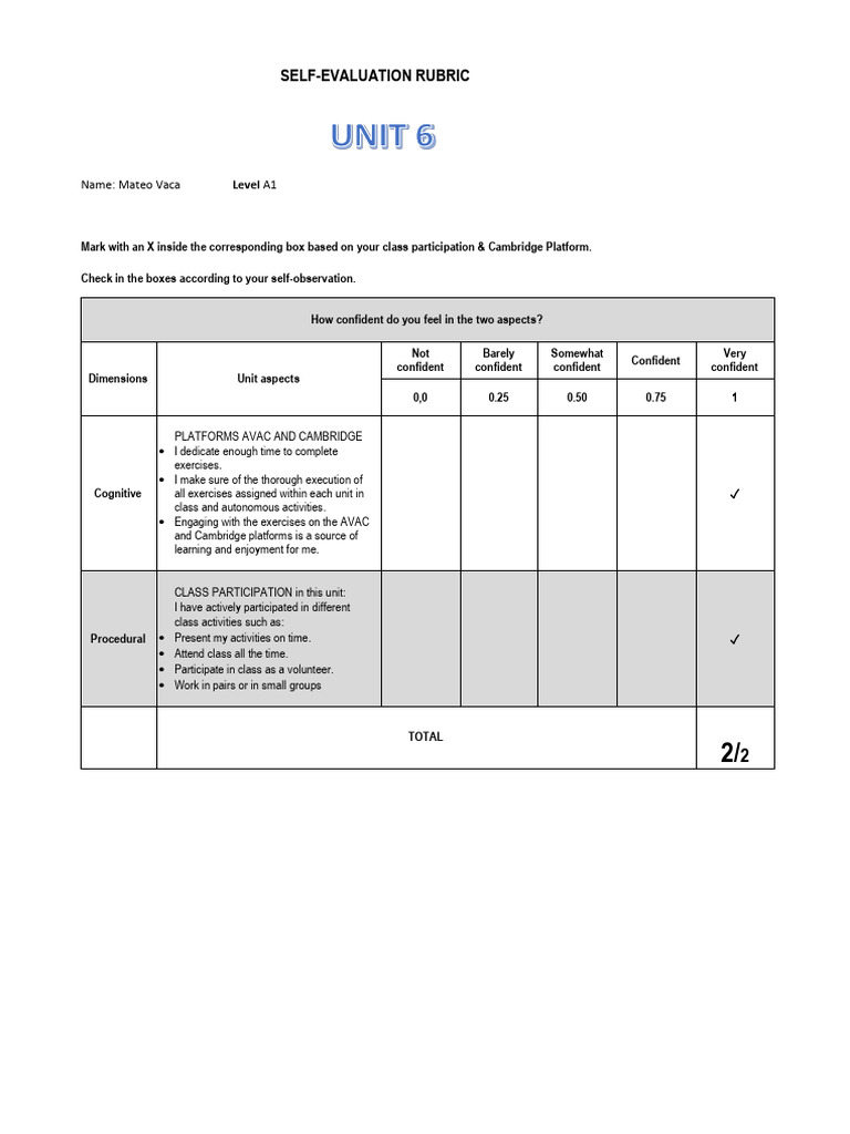 Self-Evaluation Rubric for A1 Family Unit | PDF