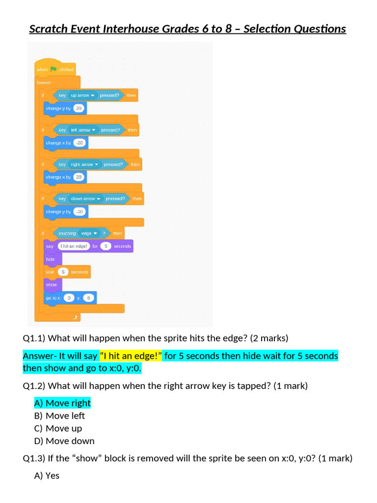 Scratch Programming Questions for Grades 6-8 | PDF