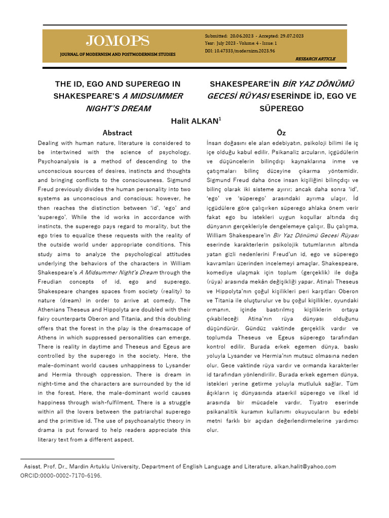 Alkan, Halit. The Id, Ego and Superego in Shakespeare's 'A Midsummer Night's Dream' | PDF | Id ...