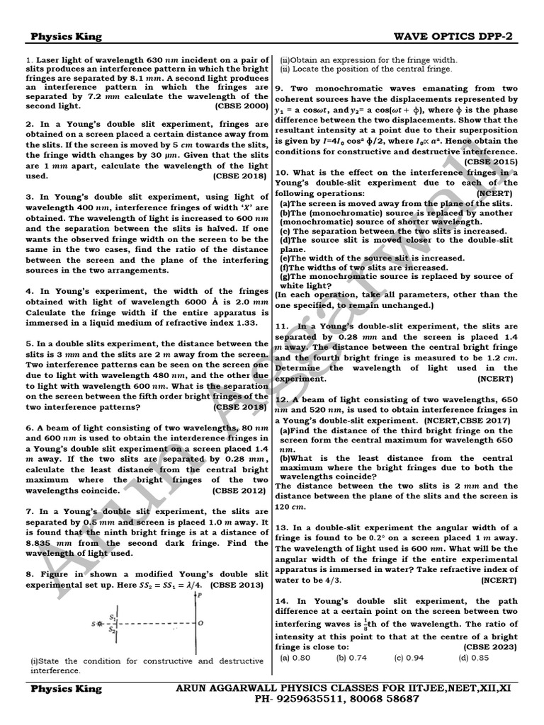 WAVE OPTICS DPP 2 | PDF | Diffraction | Wavelength