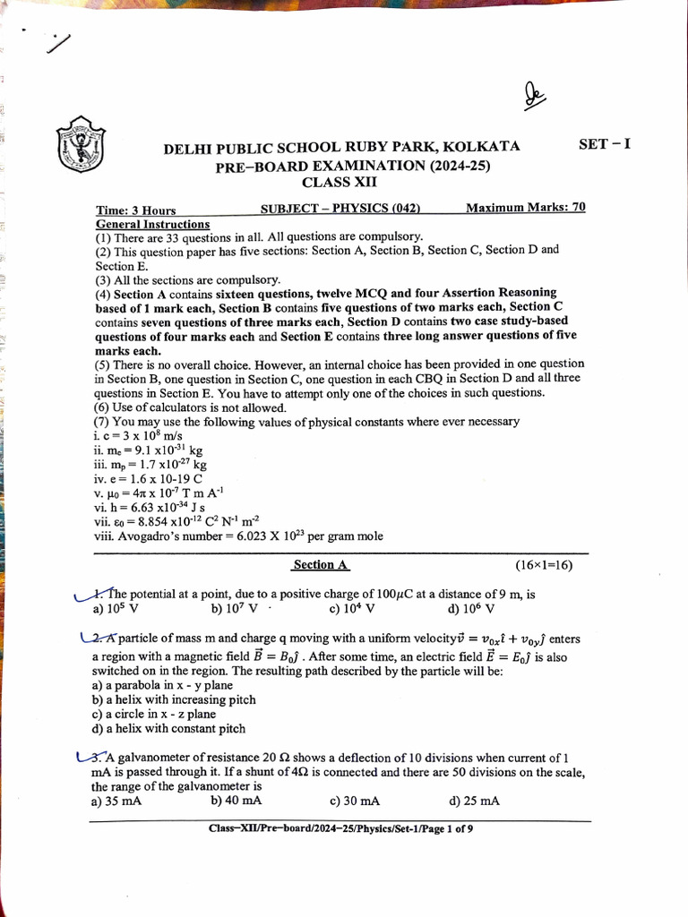 Physics Pre Boards | PDF | Magnetic Field | Quantity