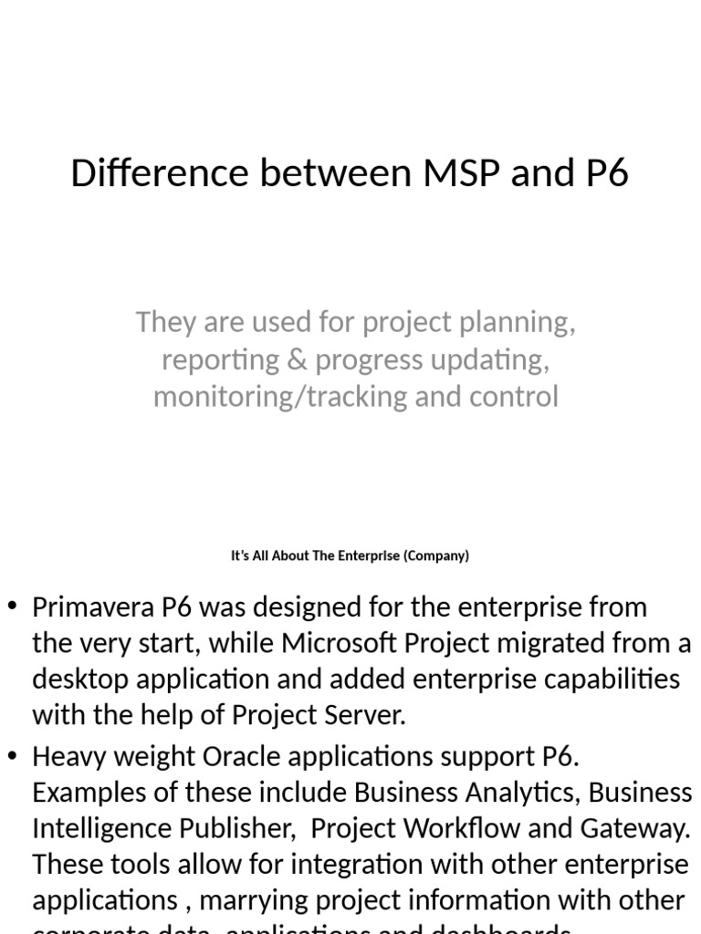 MSP vs. Primavera P6 Comparison | PDF | Information Technology | Software