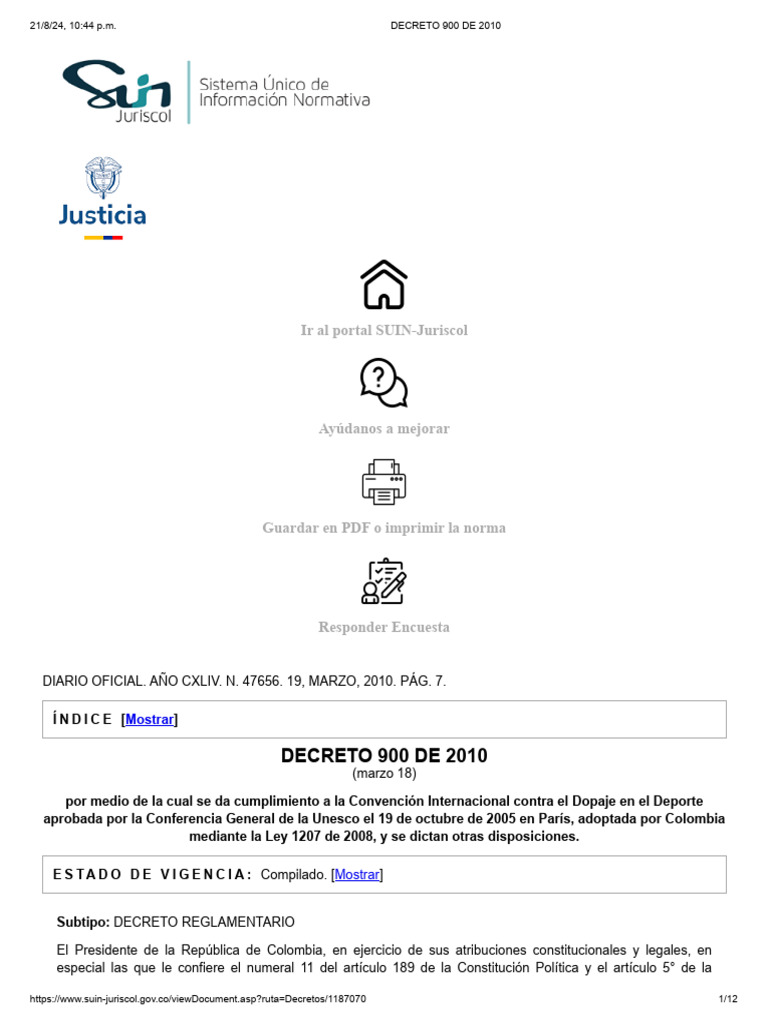 Decreto 900 de 2010 | PDF | Dopaje en el deporte