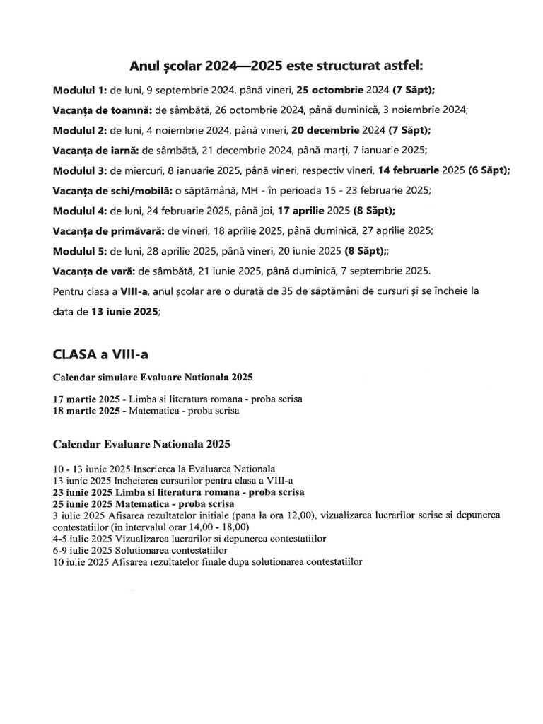 Structura An Scolar 2024 2025 | PDF