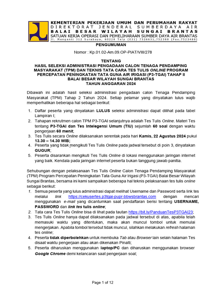 Si TPM P3-TGAI TAHAP II BBWS Brantas Tahun Anggaran 2024 | PDF